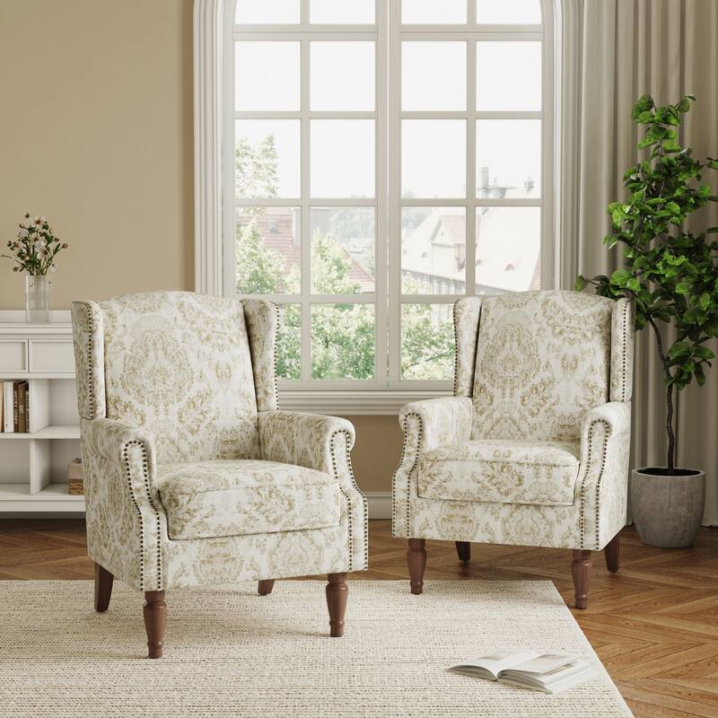 2 Set Transitional Patterned Wingback Accent Chairs with NailHead - On ...