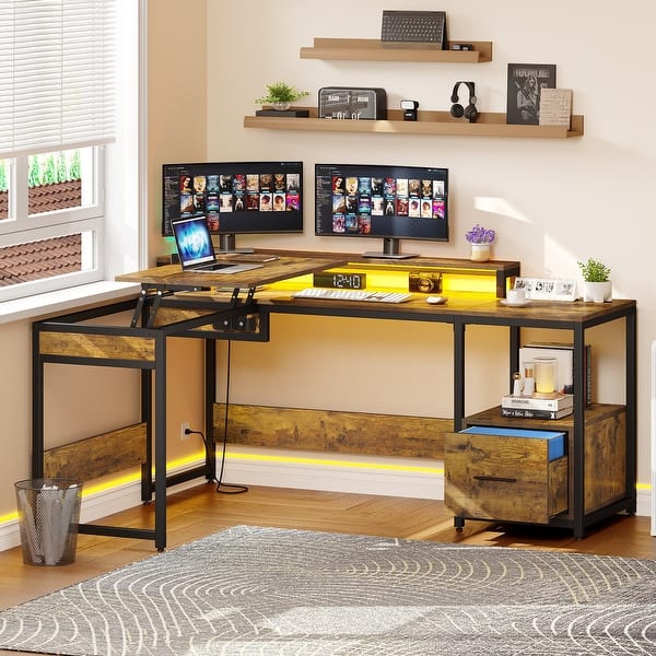 Moasis Lift Top LED L-Shaped Gaming Desk with Power Outlets and Monitor ...