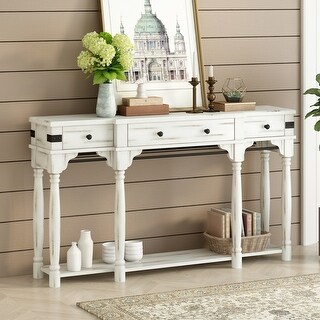60" Console Table Sofa Table w/ Storage Drawers, Creamy White - Bed ...