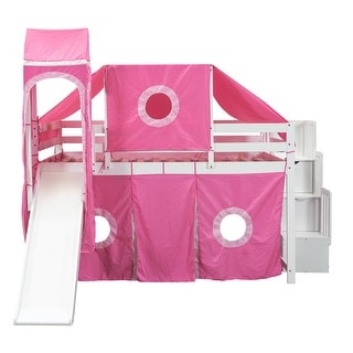 Pink Loft Bed w/ Slide and Tent, Full Size Loft Bed with Tower and ...
