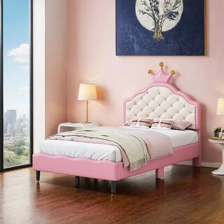 Lovely Crown Fantasy PU Leather Princess Bed with Tufted Headboard ...