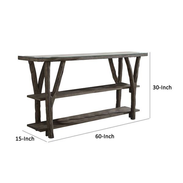 60 Inch Console Table, Glass Top, 2 Open Shelves, Rich Brown Wood Frame ...