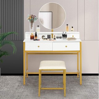 Vanity Table with Frameless Round Mirror and Cushioned Stool - Bed Bath ...