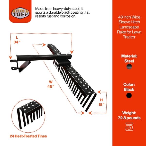 Field Tuff FTF-48SHLR 48 Inch Wide Sleeve Hitch Landscape Rake for Lawn ...