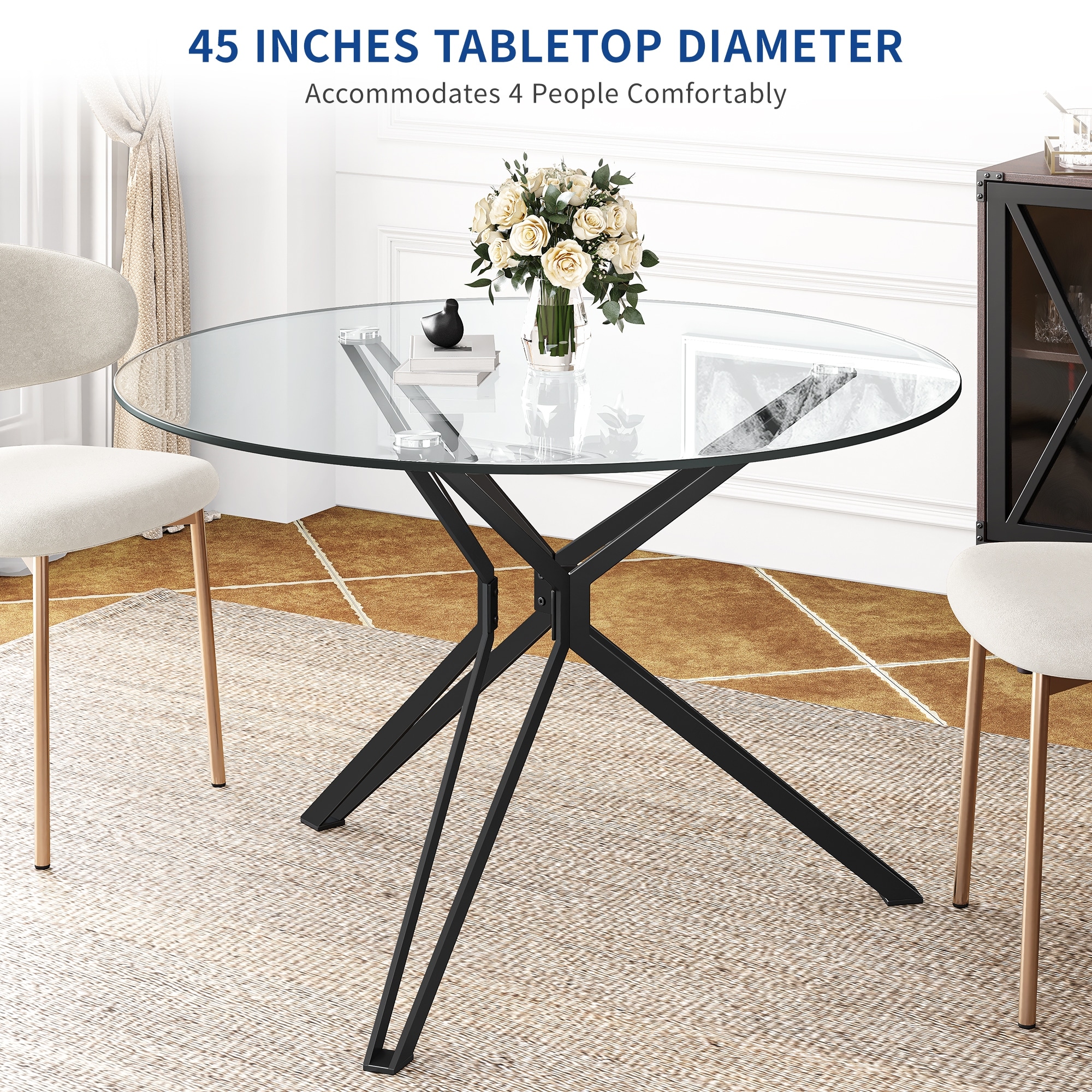 Moasis 45 Modern Glass Tabletop Round Dining Table with Metal Legs