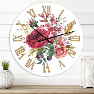 Designart 'Vintage Burgundy Rose and Wildflowers' Farmhouse wall clock ...