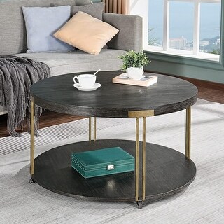 Round Coffee Table 2-Tier Cocktail Table with Storage Shelf Solid Wood ...