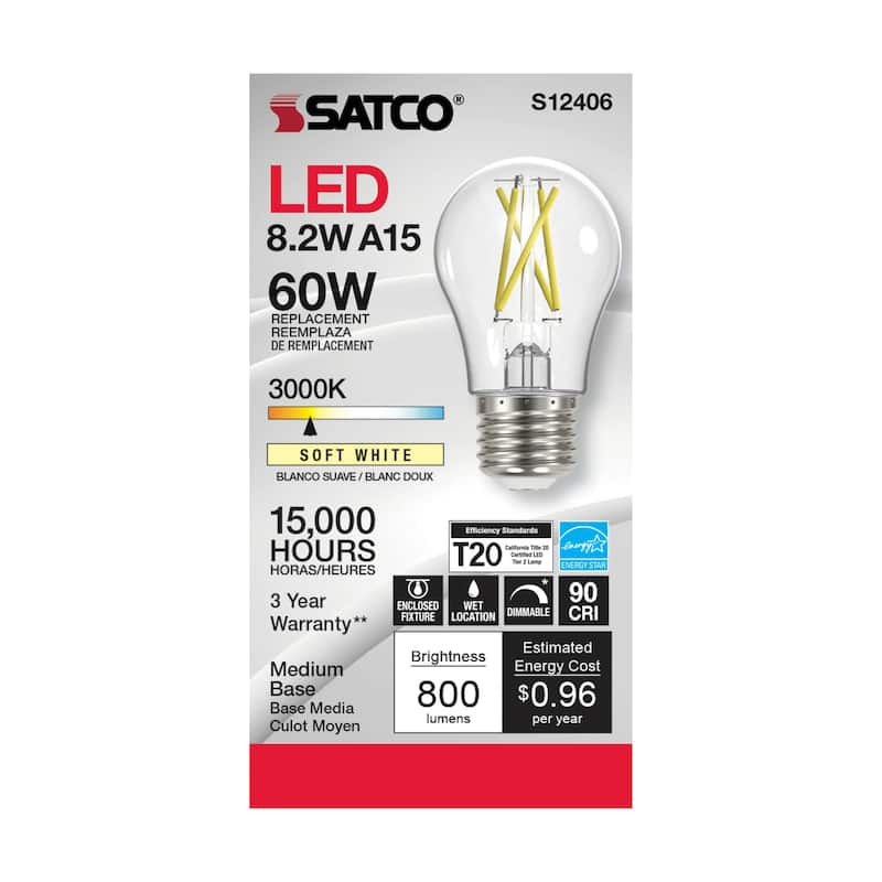 8.2 Watt LED A15 Clear Medium Base 3000K 90 CRI 120 Volt - N/A - Bed ...