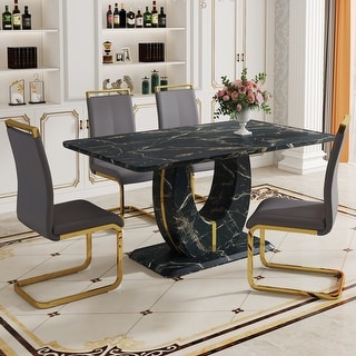 Black Marble Pattern MDF Dining Table Set - 63"x37" with 4 White PU ...