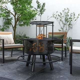 Outsunny 2-in-1 Fire Pit, BBQ Grill, 33" Portable Wood Burning Firepit ...