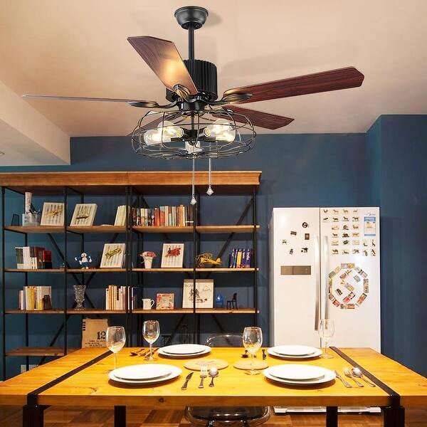 Vintage Brown Oil-Rubbed Bronze and Wood Caged Ceiling Fan with Light ...