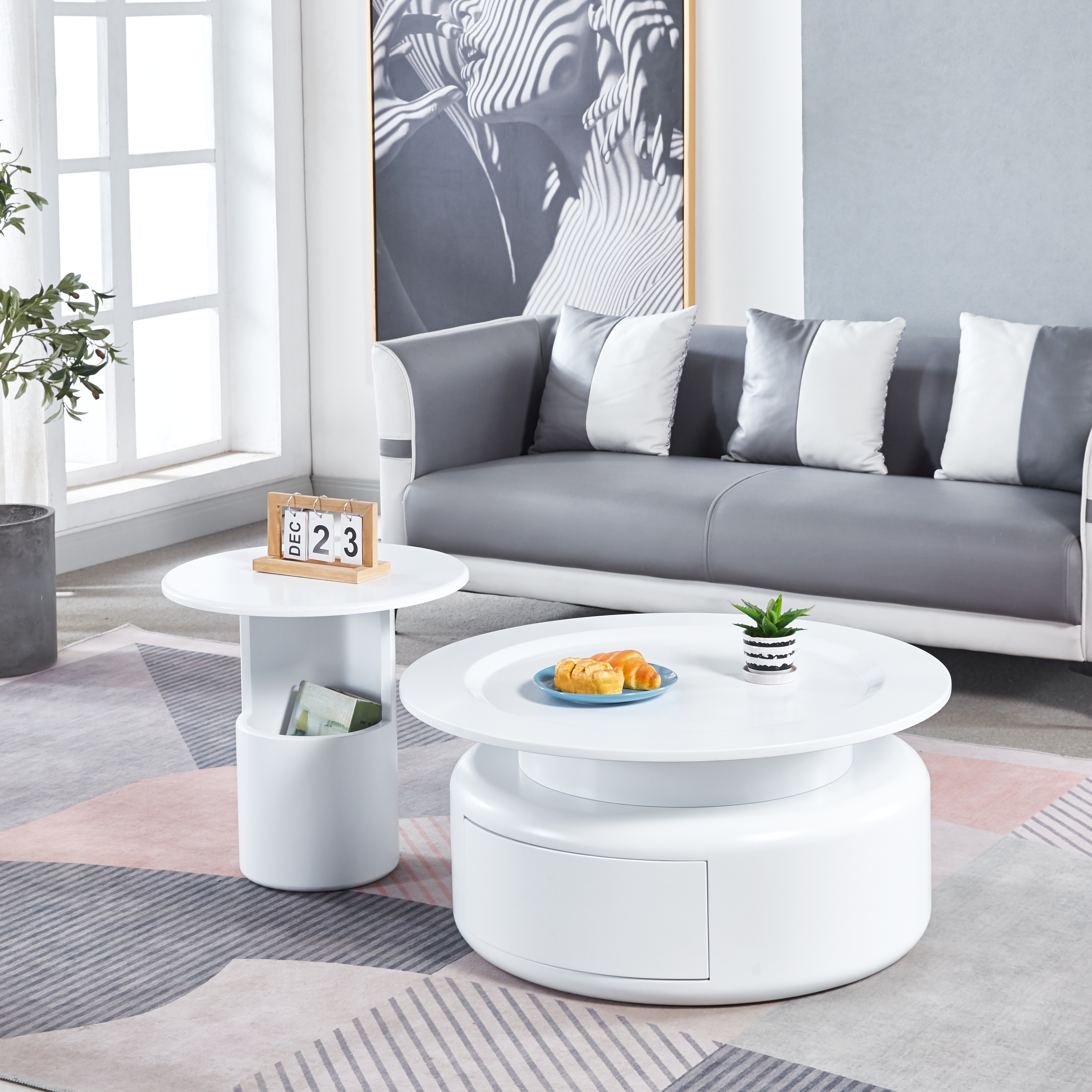 2 Pieces White MDF Round Coffee Table Set for Living Room