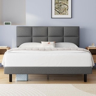 Full Size Bed Frame with Upholstered Headboard, Dark Grey - Bed Bath ...