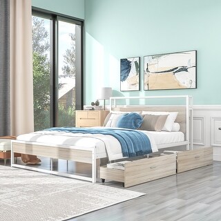 Metal Platform Bed Frame with Two Drawers,Sockets and USB Ports ,Slat ...