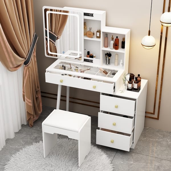 Vanity Set wi/Color Touch Screen Mirror and Cushioned Stool Glass Top ...