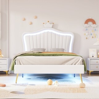 Girl's Dream Princess Crown Bed Twin Size Platform Bed LED Lights Bed ...