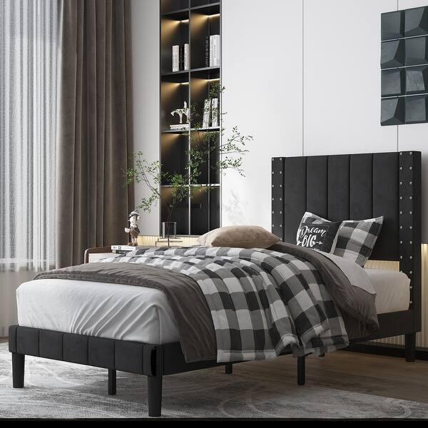 Vertical stripe Upholstered Headboard Platform Bed Frame with wood Slat ...