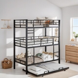 Twin Size Triple Bunk Bed With Pull Handle Trundle, Metal Bed with ...