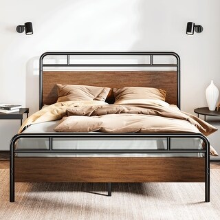 Queen Bed Frame, Wooden Headboard & Footboard, Rounded Corner Metal ...