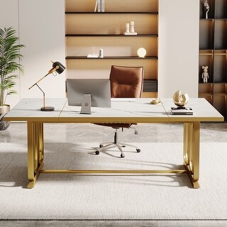 70.87" Rectangle Executive Desk, Wood Home Office Desk with Gold Legs ...