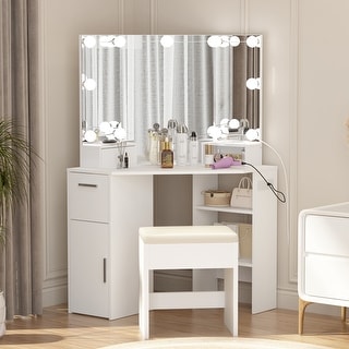 Corner Vanity Mirror with Lights and Table Set & Power Outlet - Bed ...