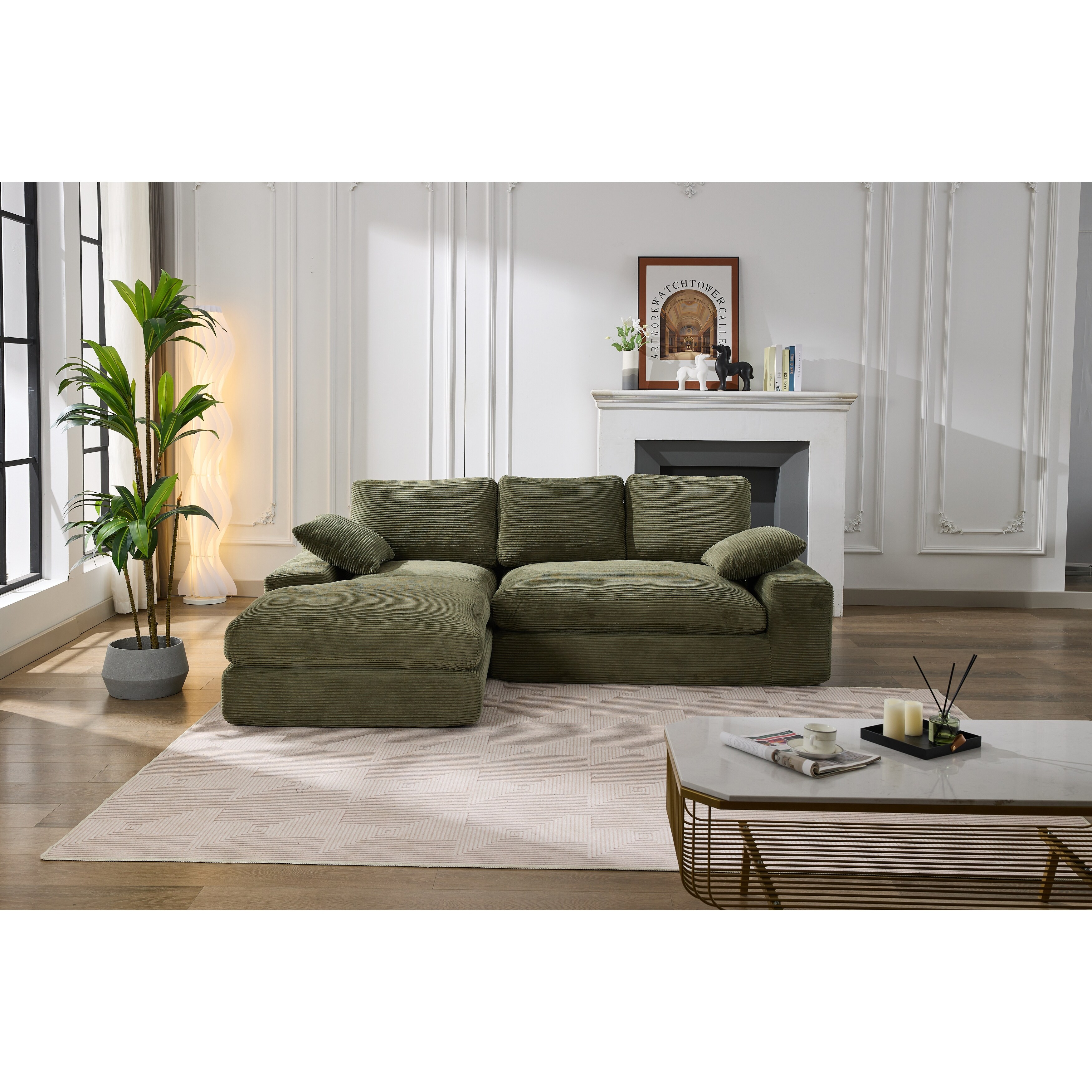 4 Seat Upholstered Sofa L Shape Cloud Sectional Sofa Corner Sofa for Living Room Oversized Chaise Sleeper Sofa Army Green