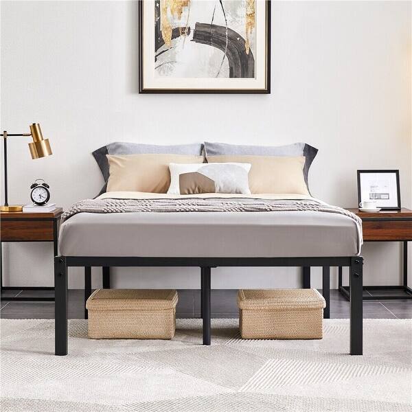 Queen Size Metal Bed Frame Platform Heavy Duty Steel Slat, Black - Bed ...