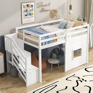 Modern Twin Size Window Loft Bed with Storage Staircase - Bed Bath ...