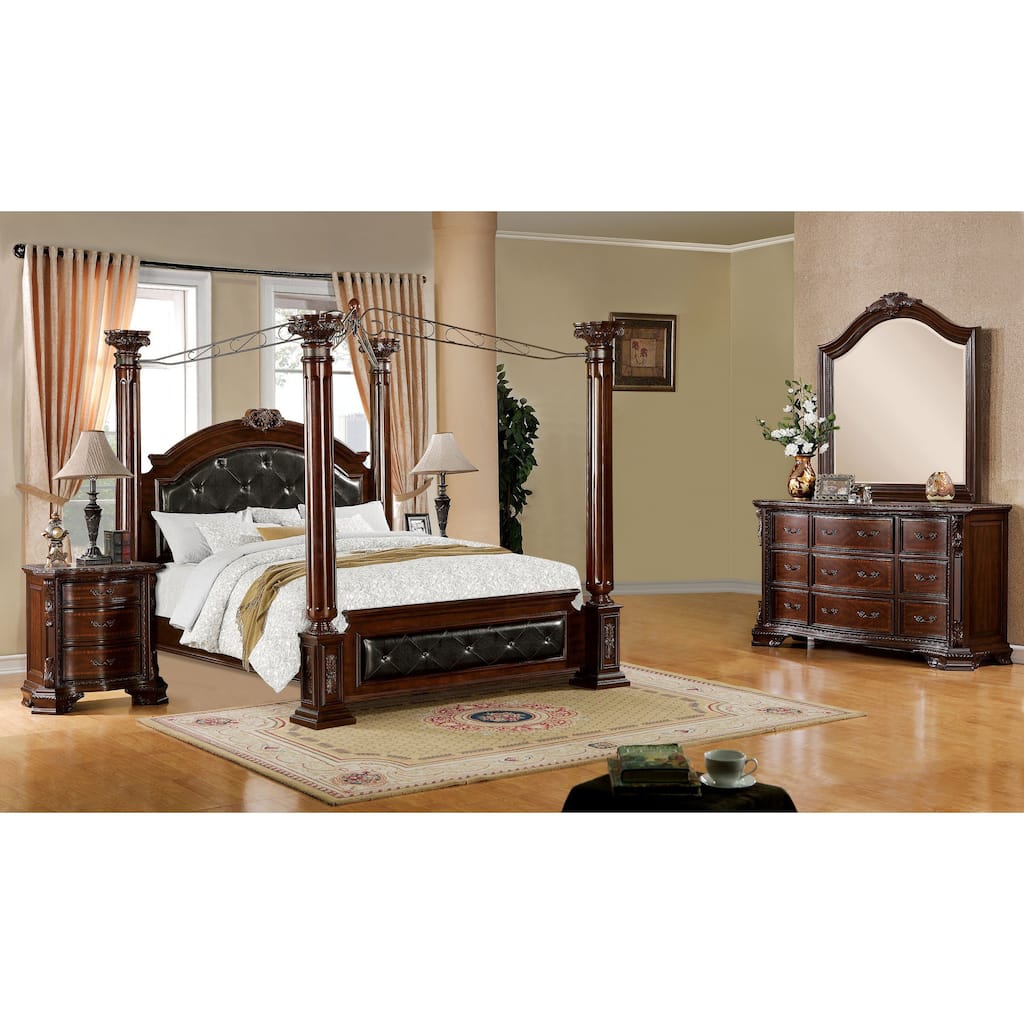 Cane Traditional Cherry Wood Upholstered Tufted 4-Piece Canopy Bedroom ...