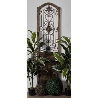 Brown Wood Distressed Door Panel Scroll Home Wall Decor with Metal Wire ...