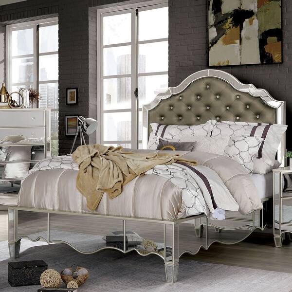 Bann Glam Wood Silver Faux Leather Upholstered Tufted Panel Bed by ...