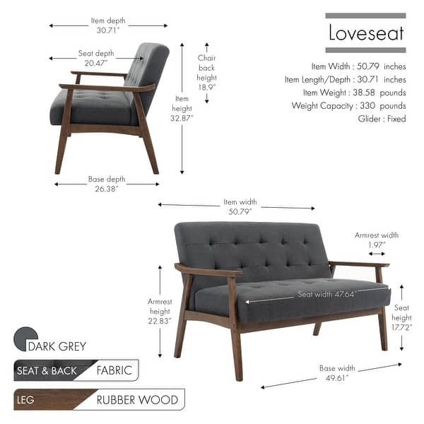 Porthos Home Mabel Fabric Loveseat Small Couch Sofa with Rubberwood ...