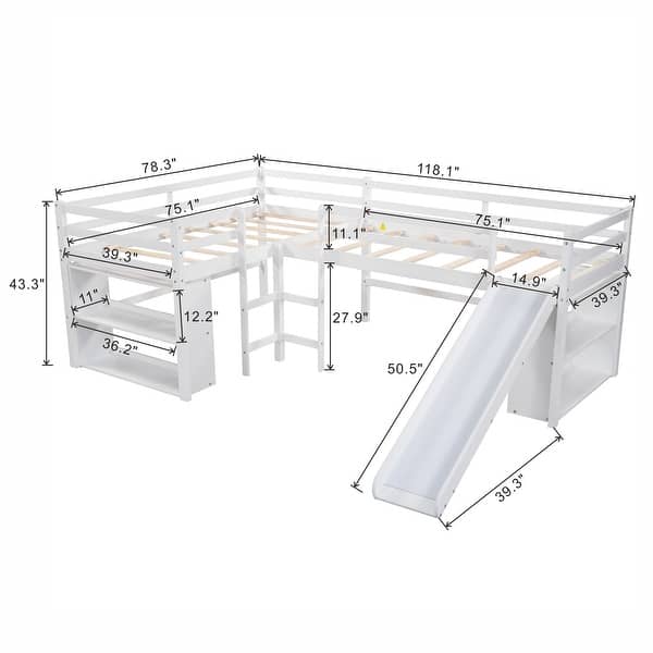 Twin Size L-Shaped Loft Bed with Movable Two-Tier Shelves and Slide ...