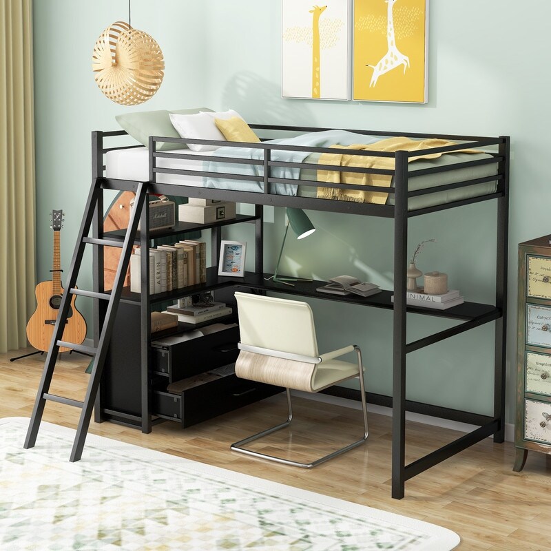3 In 1 Twin Size Metal Loft Bed with Desk Shelves and Drawers Safety Guaranteed
