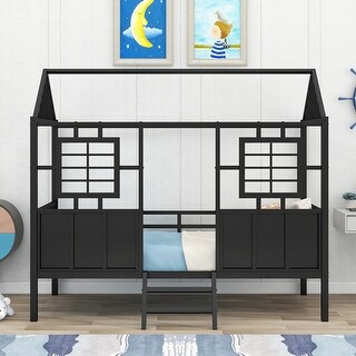Black Twin Metal Low Loft House Platform Bed with Roof - Bed Bath ...