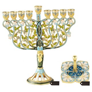 Matashi Hand Painted Enamel Menorah Candelabra w/ Flowers Design & Blue ...