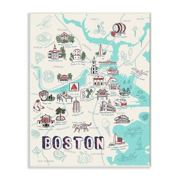 Stupell Illustrative Map of Boston Massachusetts Landmarks Wood Wall ...