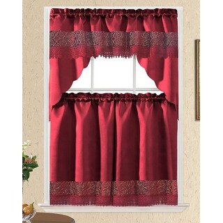 Burgundy Embroidery Kitchen Curtain 3PC Set Swag and 24 inches Tiers ...