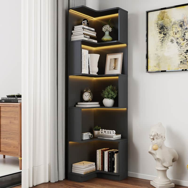 Roomfitters Corner Bookshelf with LED Lights 5 Tier Modern Wooden ...