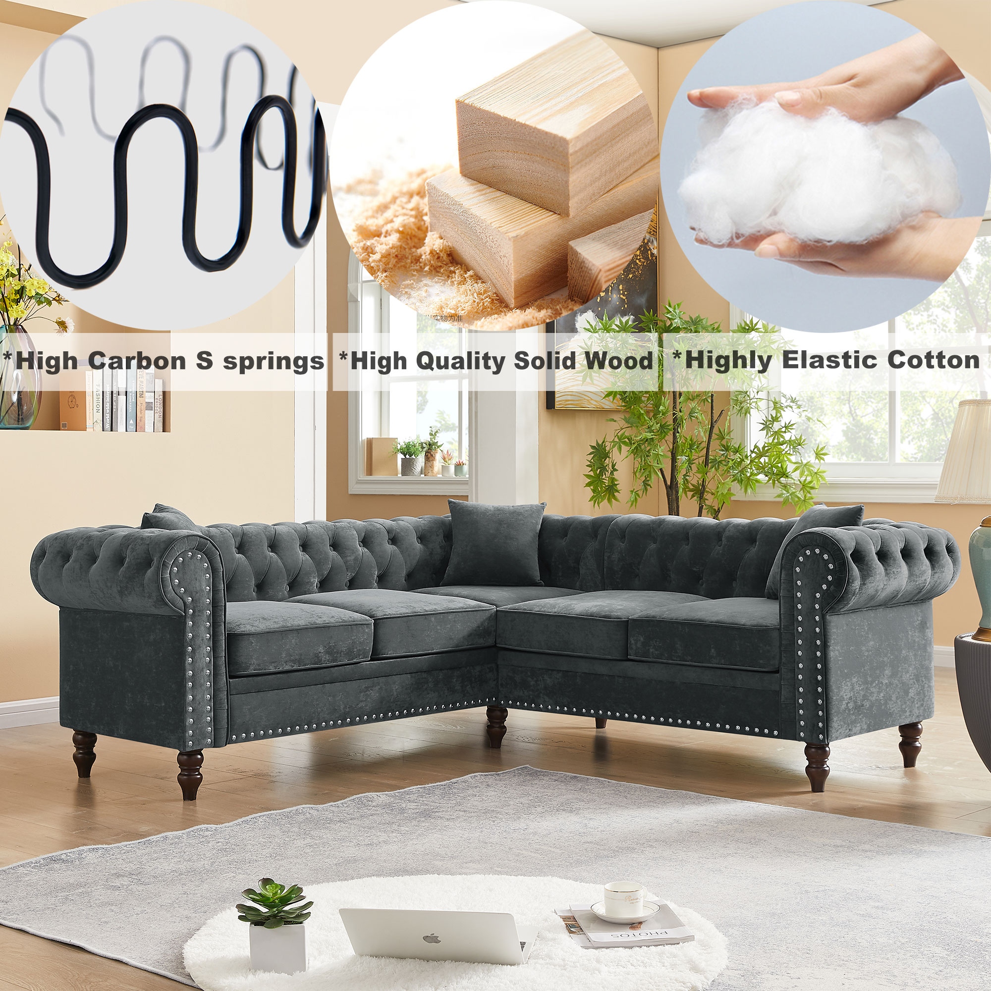 80 Button Tufted Sofa L shaped Sectional Sofa Chesterfield Deep Upholstered Couch with Pillows Nailheads for Livingroom Bed Bath Beyond 39499905