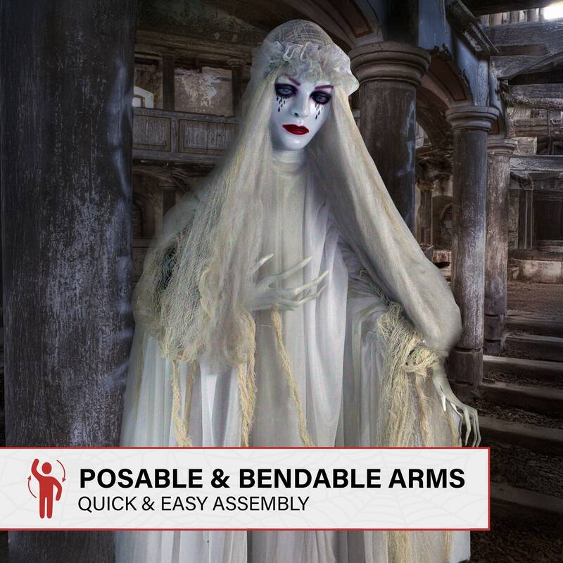 Haunted Hill Farm 5.7-ft. Life-Size Poseable Animatronic Ghost Bride with Flashing Red Eyes ...