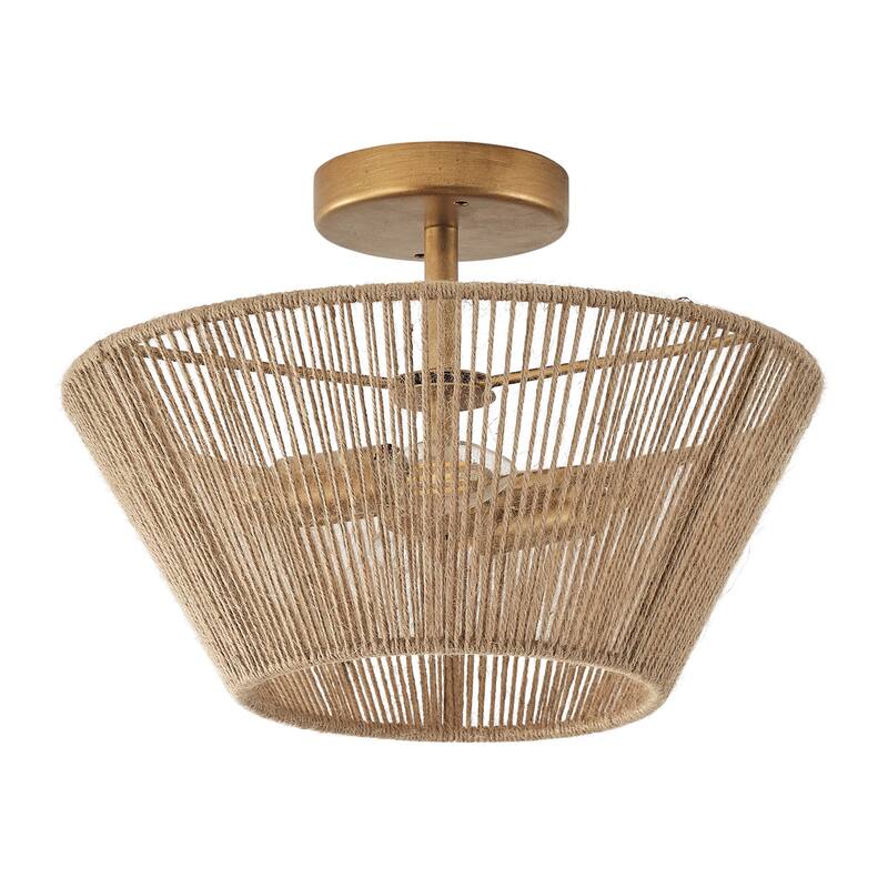 2-Light Bohemian Gold Jute Rope Woven Semi-Flush Mount Ceiling Light ...