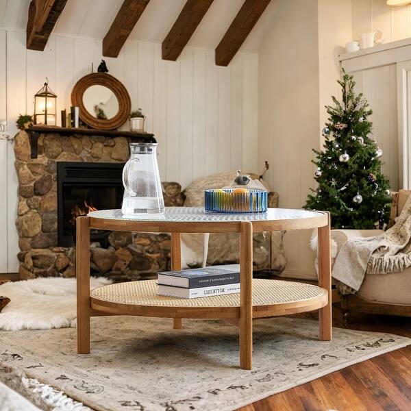 Modern Circular Double-Layer Coffee Table for Living Room, Natural ...