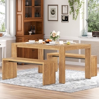 3-piece Farmhouse Style Simple Dining Set, Dining Table and 2 Benches ...