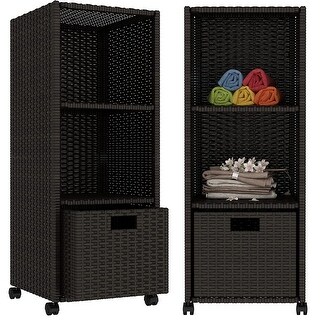 3 Layer Rattan Storage Rack, Outdoor Storage Cabinet with Wheels - Bed ...