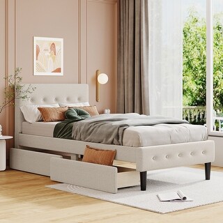 Beige Elegant Linen Platform Bed with Drawers - Bed Bath & Beyond ...