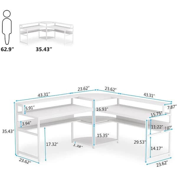 L-Shaped Computer Desk with Monitor Riser & 3-Tier Corner Shelf - Bed ...