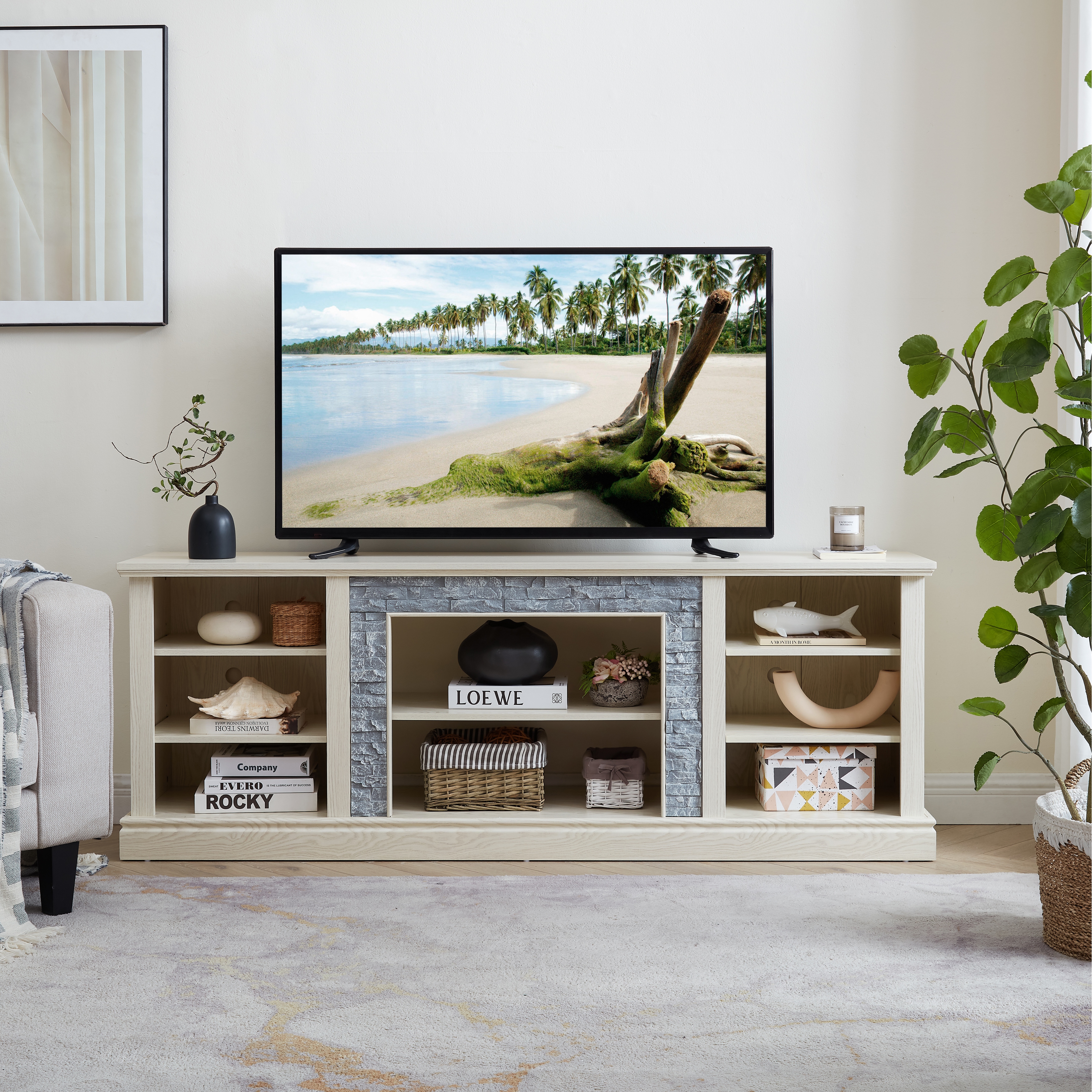 TV Console Table White TV Stand Storage Rack with Faux Stacked Stone Surround Entertainment Center for TVs up to 75