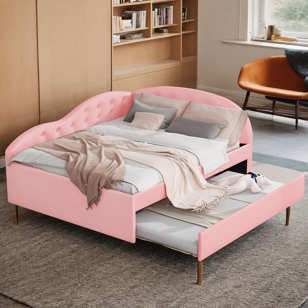 Full Daybed with Trundle,PU Upholstered Tufted Daybed with Cloud Shaped Guardrail, Sofa Daybed ...