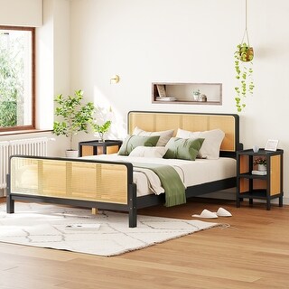 Full Size Rattan Bed Set with 2 Nightstands - Sturdy Structure and ...